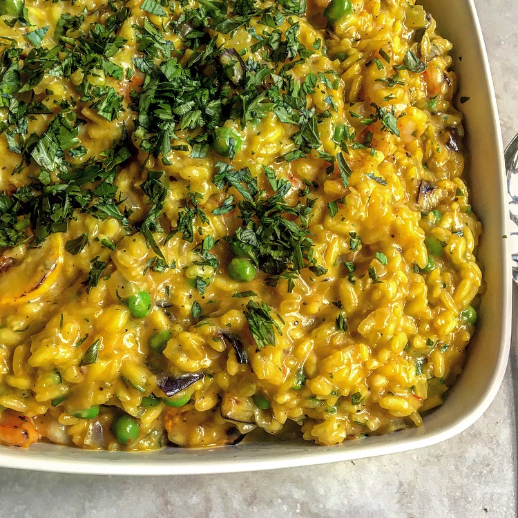 Saffron Risotto with Grilled Veggies and Shrimp | Roxana's Kitchen