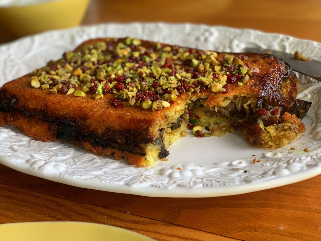 Vegetarian Tahcheen: Eggplant and Mushroom Baked Rice | Roxana's Kitchen