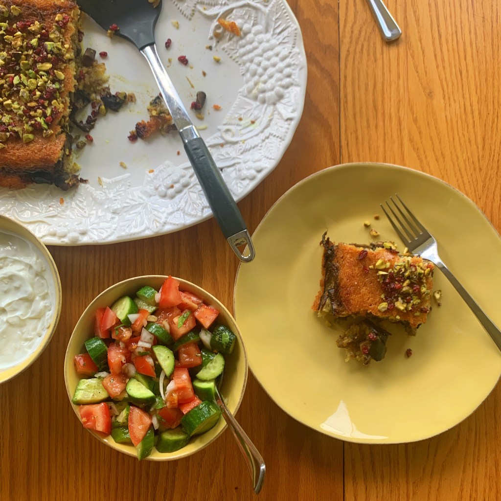 Vegetarian Tahcheen: Eggplant and Mushroom Baked Rice | Roxana's Kitchen